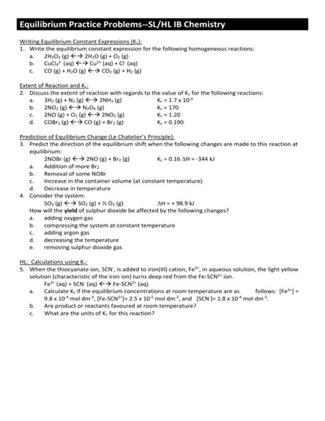 Equilibrium Chemistry Practice Problems Slhl Ib