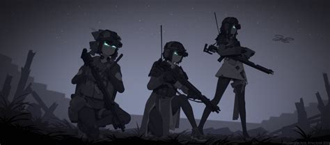 Safebooru 3girls Absurdres Assault Rifle Dark Glowing Gun Headset