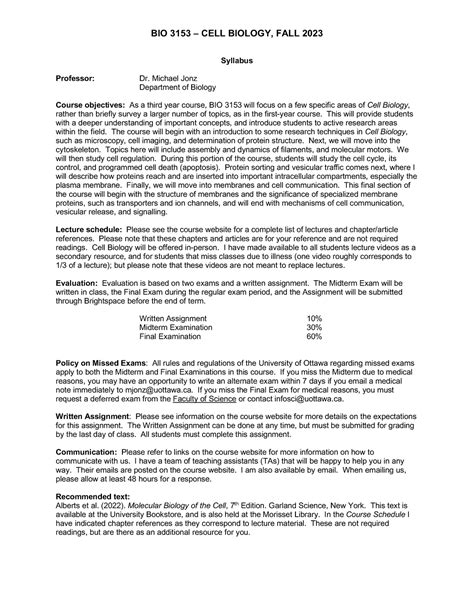 BIO 3153 Syllabus 2023 2024 BIO 3153 CELL BIOLOGY FALL 202 3