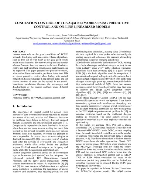 Pdf Congestion Control Of Tcpaqm Networks Using Predictive Control