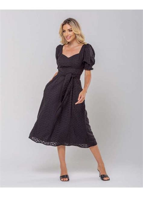 Vestido Miss Misses Midi Manga Princesa Faixa Preto Preto Dress Us