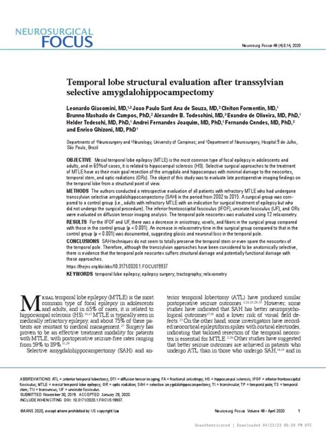 Temporal Lobe Structural Evaluation After Transsylvian Selective