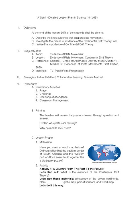 Semi Detailed Lesson Plan On Continental Drift Theory Science 10
