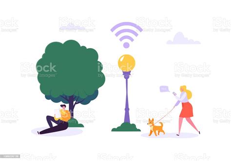 스마트폰 및 태블릿을 사용 하 여 사람들이 걷기로 공원에는 Wifi 모바일 가제트와 함께 캐릭터와 소셜 네트워킹의 개념입니다 벡터 일러스트 레이 션 개념에 대한 스톡 벡터