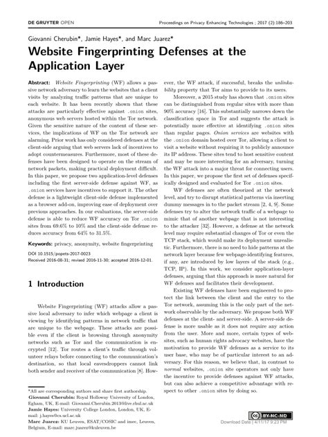 Pdf Website Fingerprinting Defenses At The Application Layer