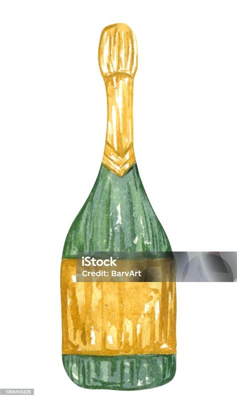 수채화 샴페인 병 흰색 배경에 고립 된 알코올 칵테일 음료 음료 그림 건강관리와 의술에 대한 스톡 벡터 아트 및 기타 이미지 건강관리와 의술 공휴일 금색 Istock