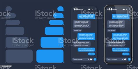 메시징 응용 프로그램과 현실적인 스마트 폰 Sms 텍스트 프레임 파란색 메시지 거품과 자리 표시자 텍스트가 있는 대화 채팅 화면입니다 소셜 미디어 응용 프로그램 벡터