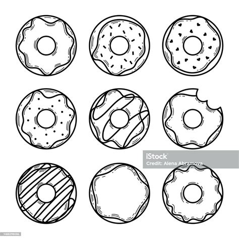 낙서 도넛 블랙 라인 세트 낙서 스타일의 귀여운 도넛 컬렉션입니다 도넛에 대한 스톡 벡터 아트 및 기타 이미지 도넛 낙서 드로잉 컬러링 북 페이지 일러스트레이션 기법