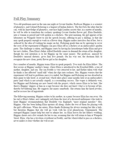 Pygmalion Full Play Summary Pdf Pygmalion Play
