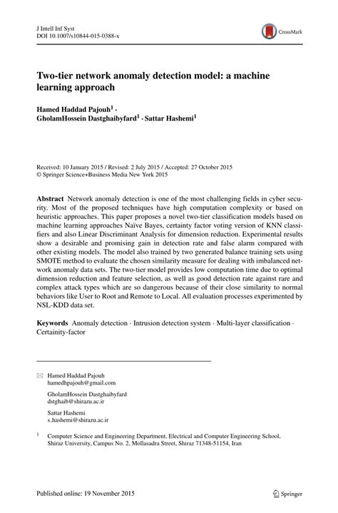 Pdf Two Tier Network Anomaly Detection Model A Machine Learning Approach