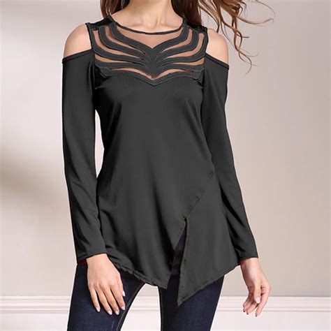 Women Blouse Sexy Cold Shoulder Long Sleeve Shirt 2017 Fashion Split