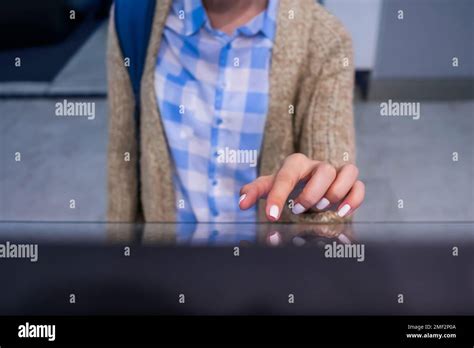 Woman Using Interactive Touchscreen Display At Modern Museum Or Exhibition Stock Photo Alamy