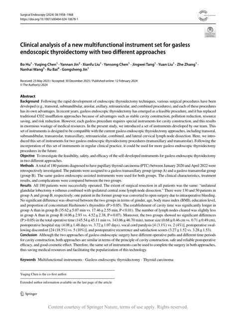Pdf Clinical Analysis Of A New Multifunctional Instrument Set For Gasless Endoscopic