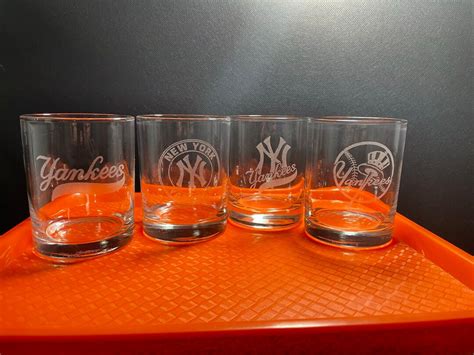New York Yankees Etched Whiskey Glasses Set Of 4 Different Etched