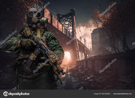 Portrait Serviceman Dressed Camouflage Uniform Gas Mask Holding Rifle