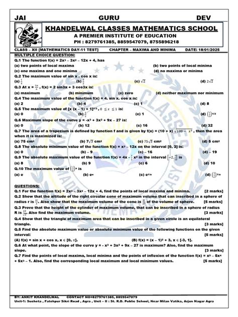 Day 11 Maxima And Minima 18 Jaqn Pdf Geometric Objects Classical Geometry