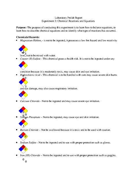 Laboratory Prelab Report Week Laboratory Prelab Report Experiment Chemical Reactions And