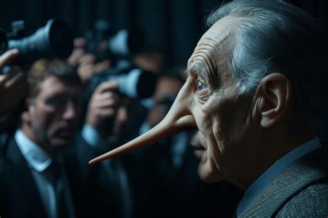 Political Person With Very Long Nose Like Pinocchio Being Photographed