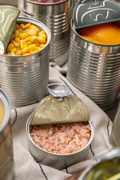 Open Tin Cans With Shrimps And Different Products On Table Stock Photo Image Of Culinary