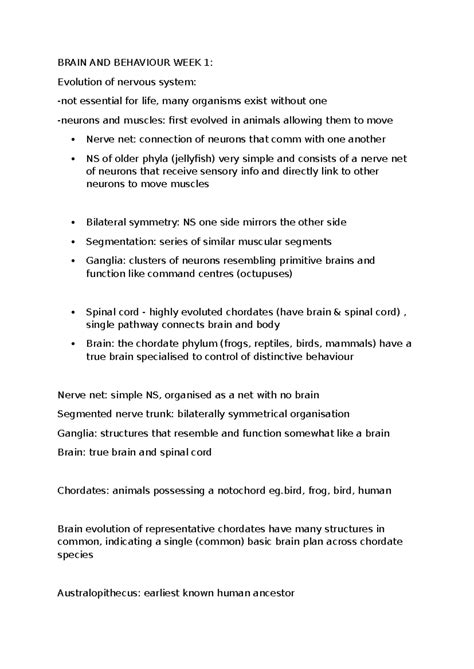 Bb Week 1 Notes Brain And Behaviour Week 1 Evolution Of Nervous System Not Essential For
