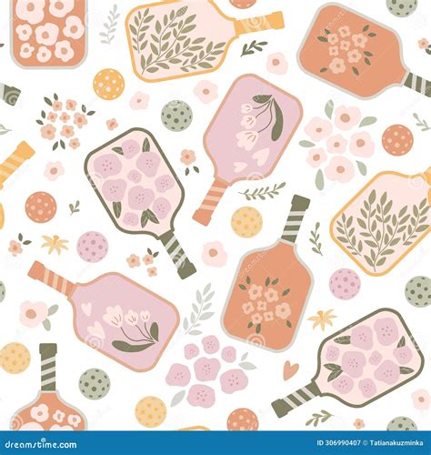 Pickleball Floral Pattern With Paddles Balls Flowers Vector Summer