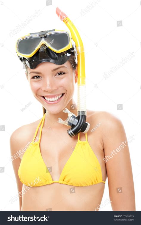 Woman Snorkeler With Goggles Flippers And Snorkel Smiling In Summer