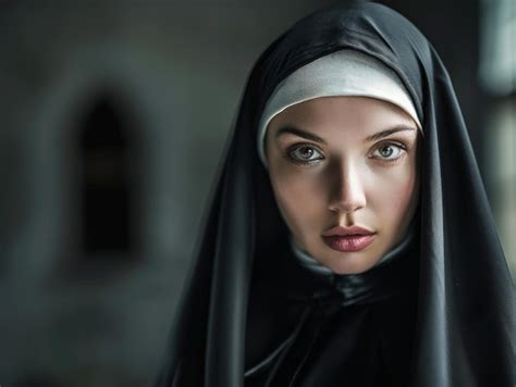 Medium Shot Of Young Woman Wearing Nun Clothing Themed Background