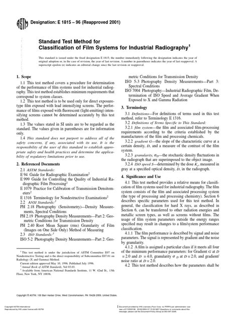 Astm E1815 01 Classification Of Film Systems For Industrial