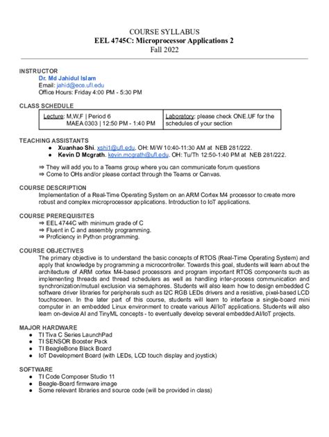 Fillable Online Course Syllabus Eel 4745c Microprocessor Applications