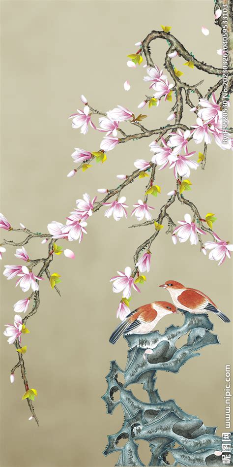 中式玉兰工笔花鸟玄关装饰画设计图传统文化文化艺术设计图库昵图网