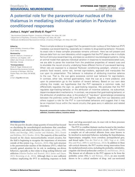 Pdf A Potential Role For The Paraventricular Nucleus Of The Thalamus In Mediating Individual