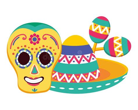Day Of The Dead Skull Mask With Mexican Hat And Maracas Stock