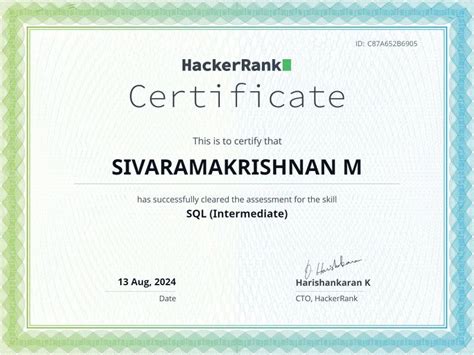 Completed Sql Intermediate Course On Hackerrank Sivaramakrishnan