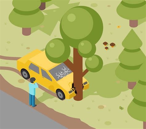 Acidente na árvore do carro perigo isométrico de acidente automático