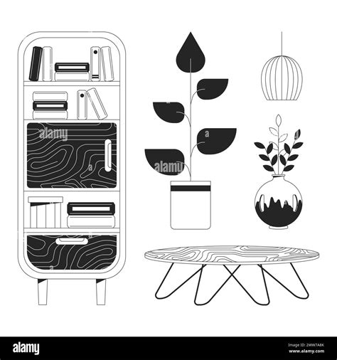 home design and furniture black and white 2d line cartoon objects set
