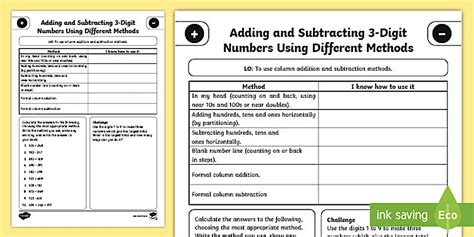 Adding Subtracting Using Different Methods Worksheet Year 3