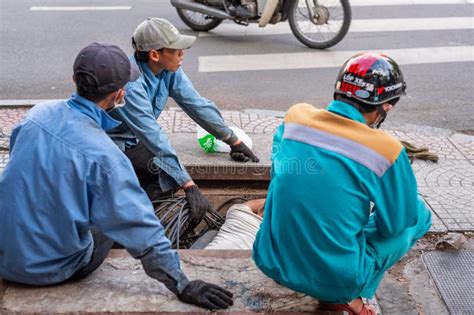 Ho Chi Minh City Vietnam Electricians Work With Underground Cables On