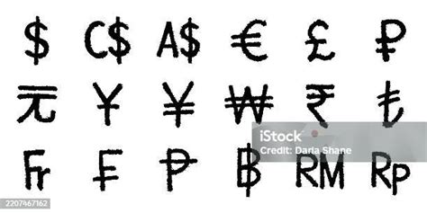 손으로 그린 통화 기호 세트 달러 유로 파운드 루블 위안 엔 원 루피 리라 프랑 페세타 바트 링깃 루피아 경제에 대한 스톡 벡터 아트 및 기타 이미지 Istock
