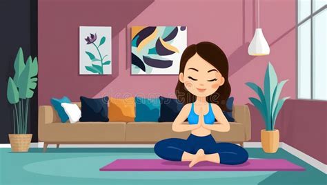 Cute Cartoon Girl Yoga Pose Room Flat Design Illustration Stock