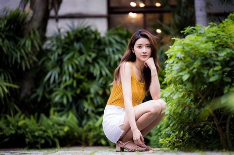 4k Asian Bokeh Dress Sitting Brown Haired Glance Hands