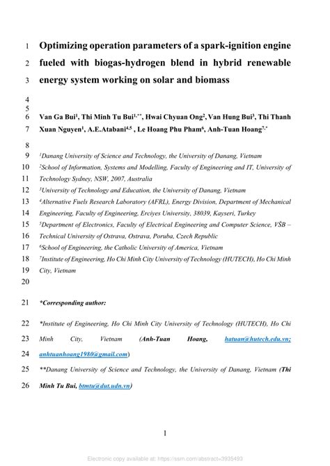 Pdf Optimizing Operation Parameters Of A Spark Ignition Engine Fueled With Biogas Hydrogen