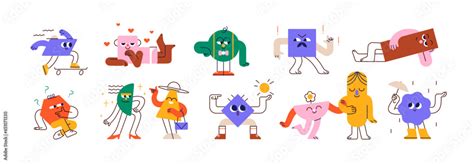 Cute Funny Geometric Characters Set Comic Shapes Geometry Figures Rectangle Triangle Circle