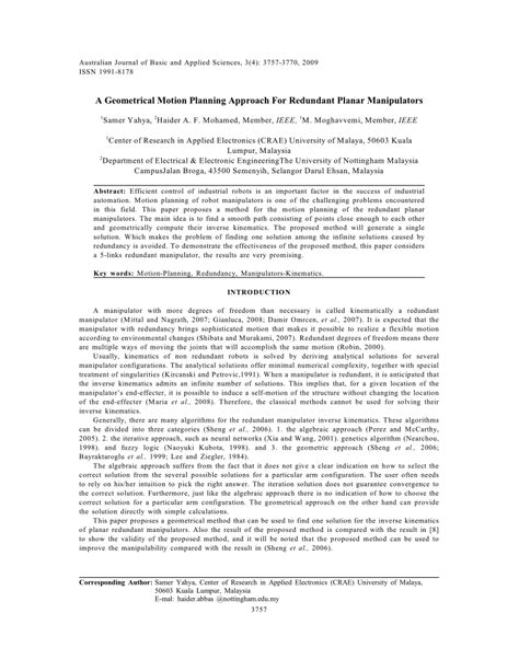 Pdf A Geometrical Motion Planning Approach For Redundant Planar