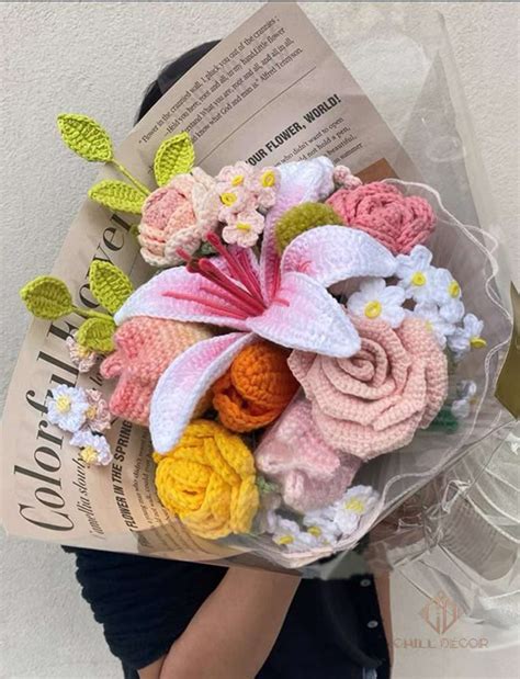 Crocheted Oriental Lily Bouquet Handmade Knitted Flowers Chill Décor