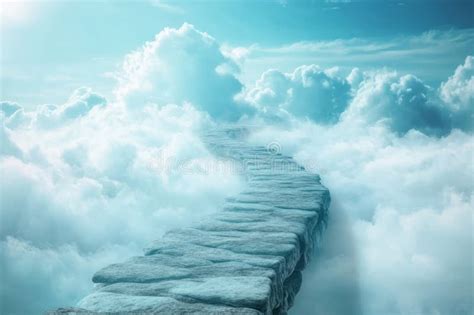 Dreamlike Stone Pathway Leading Through Fluffy Clouds In A Serene Sky