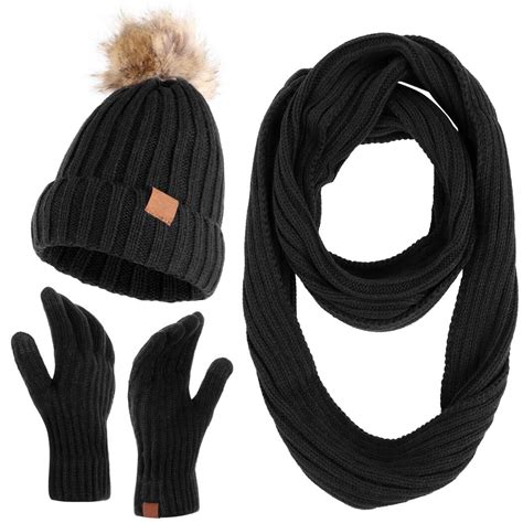 Womens Winter Hat Scarf Glove Set Warm Knitted Beanie Hat With Velvet