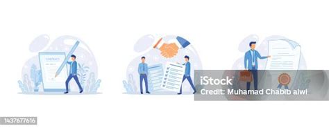 전자 계약 계약 조건 종이 시트의 문서에 대한 법률 문서 전자 서명 또는 스타일러스 펜과 자물쇠가 있는 태블릿 화면 평면 벡터 현대 그림 설정 개념에 대한 스톡 벡터 아트