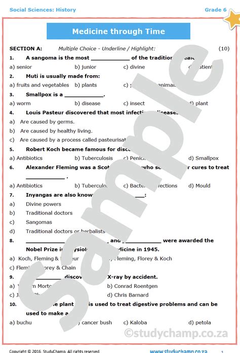 Grade 6 History Test Medicine Through Time