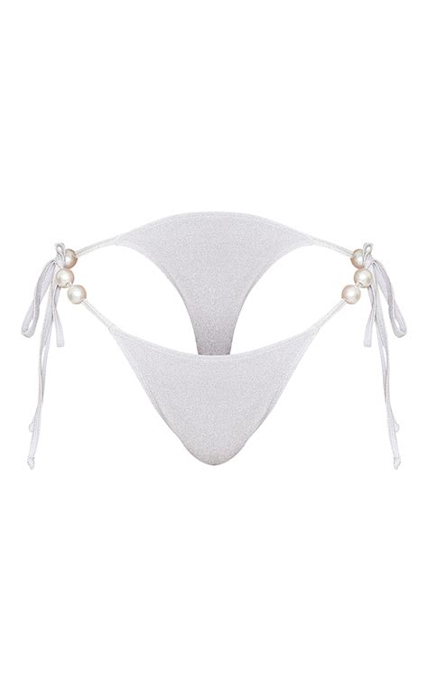 Silver Glitter Pearl Trim Tie Side Bikini Bottoms Swimwear