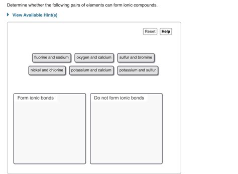 Determine Whether The Following Pairs Of Elements Can Form Ionic Compounds View Available Hint